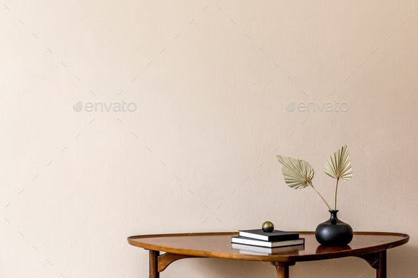 Stylish composition on the design wooden table with gold ball. Stock ...