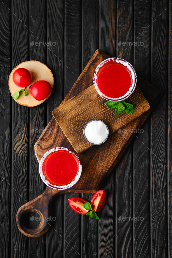 Overhead composition with salty tomato juice Stock Photo by boomeart