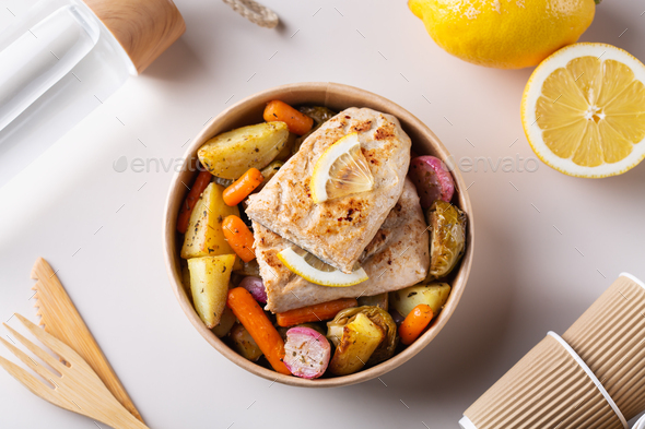 Vegan Plant based fish, fishless fillets with roasted vegetables Stock ...