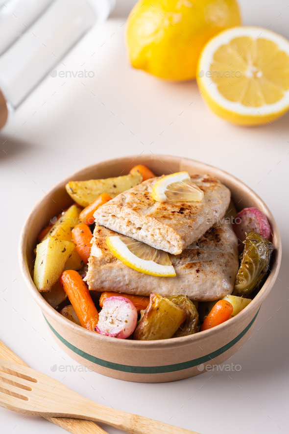 Vegan Plant based fish, fishless fillets with roasted vegetables Stock ...