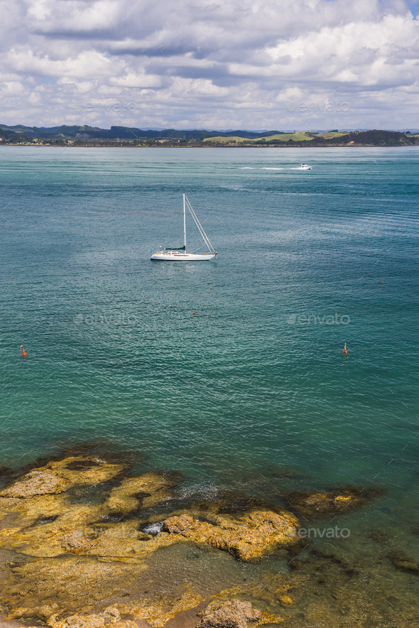 Sailing boat in the Bay of Islands seen from Tapeka Point, Russell ...