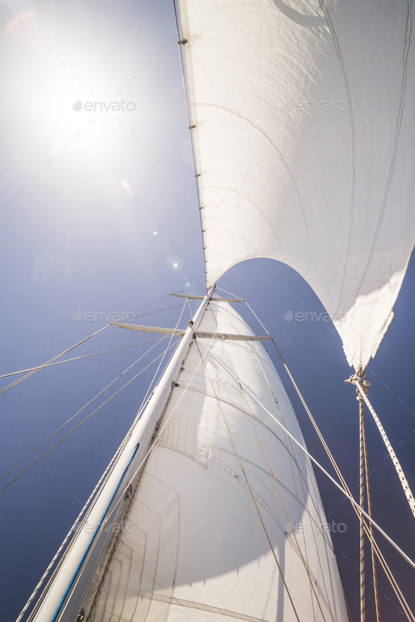 Sailing boat mast and sails, Bay of Islands, from Russell, Northland ...
