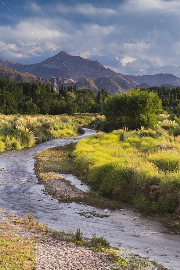 River Mendoza (Rio Mendoza) and the Andes Mountains at Uspallata ...