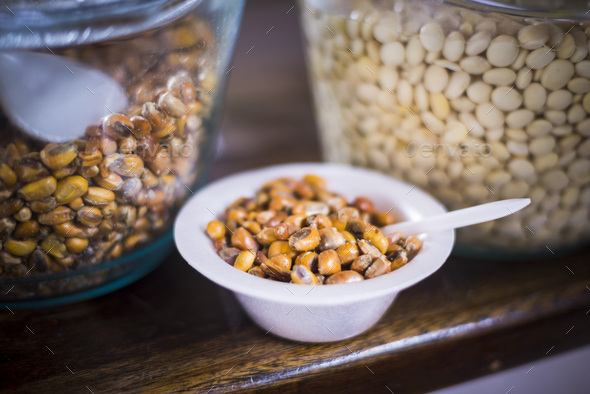 Cancha, a roasted corn snack in Otavalo Market, Imbabura Province ...