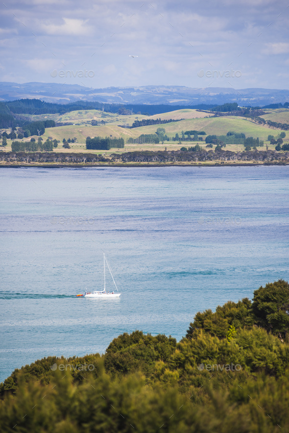 Sailing boat in the Bay of Islands seen from Russell, Northland Region ...