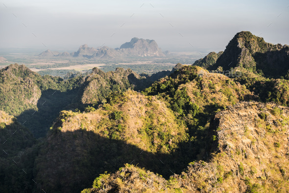 Limestone mountains seen from Mount Zwegabin, Hpa An, Kayin State ...