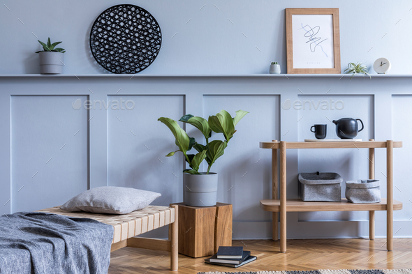 Modern interior of living room with design wooden console. Stock Photo ...