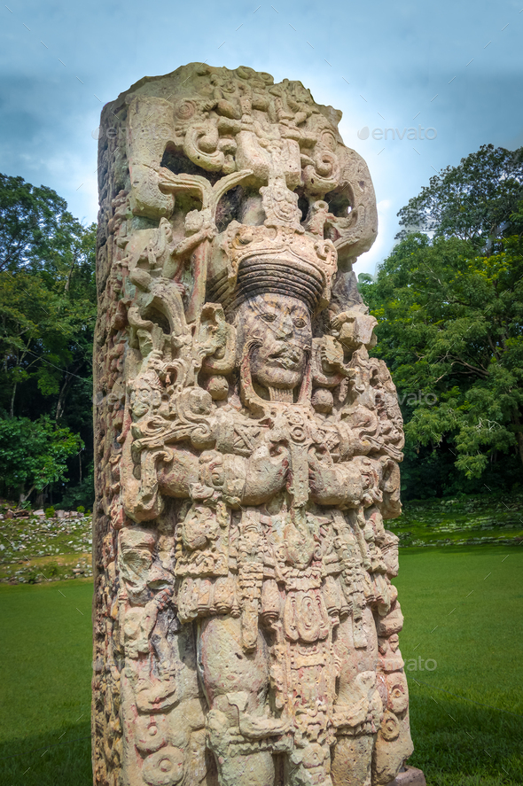 Carved Stella in Mayan Ruins - Copan Archaeological Site, Honduras ...