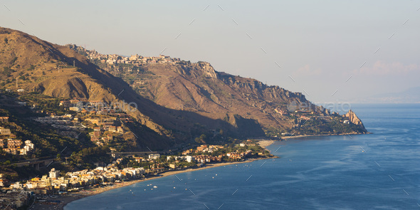 Panoramic photo of Letojanni Beach and Mazzeo Beach and the Ionian Sea ...