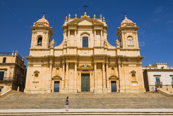 Noto, Sicily, a tourist visiting St Nicholas Cathedral (Noto Cathedral ...