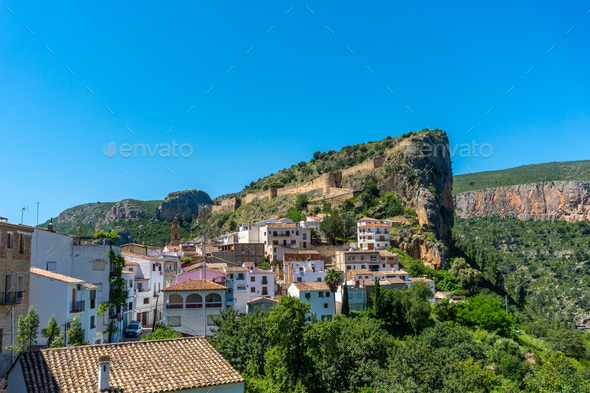 View of the beautiful town of Chulilla in the mountains of the ...