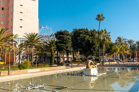 Water fountain in the Nicolas Salmeron park in the city of Almeria ...