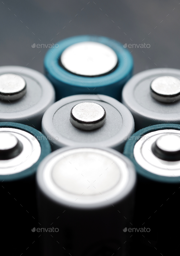 Close-up view of the positive terminals and negative terminals of the ...