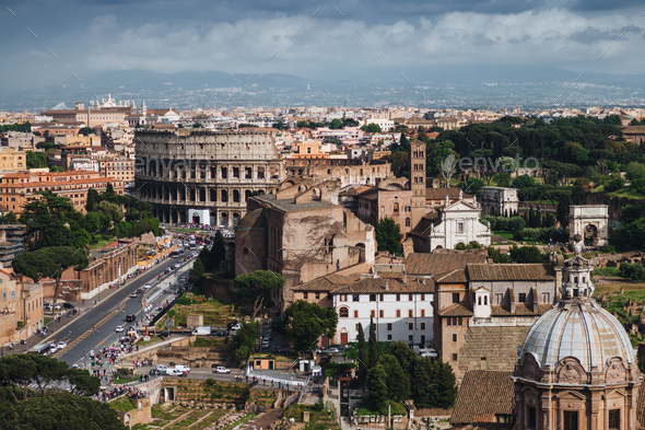 Panoramic view of ancient city Rome with different landmarks and ...