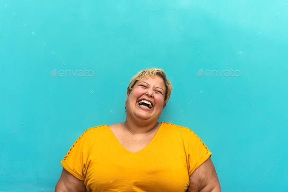 Happy plus size woman portrait - Curvy overweight model having fun ...