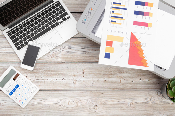 Printer and computer. Office table. Top view Stock Photo by FabrikaPhoto