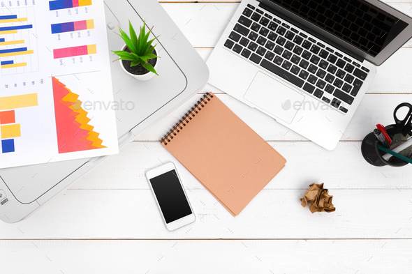 Printer and computer. Office table. Top view Stock Photo by FabrikaPhoto