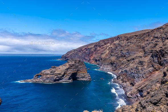 The beautiful black sand beach of Bujaren from above in the north of La ...