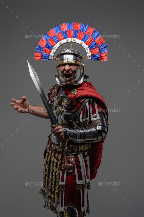 Screaming roman soldier dressed in steel armor and plumed helmet Stock ...