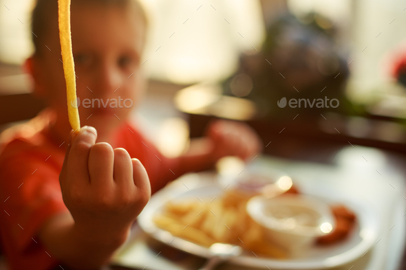 boy eating fast food in a cafe. the child eating french fries with ...