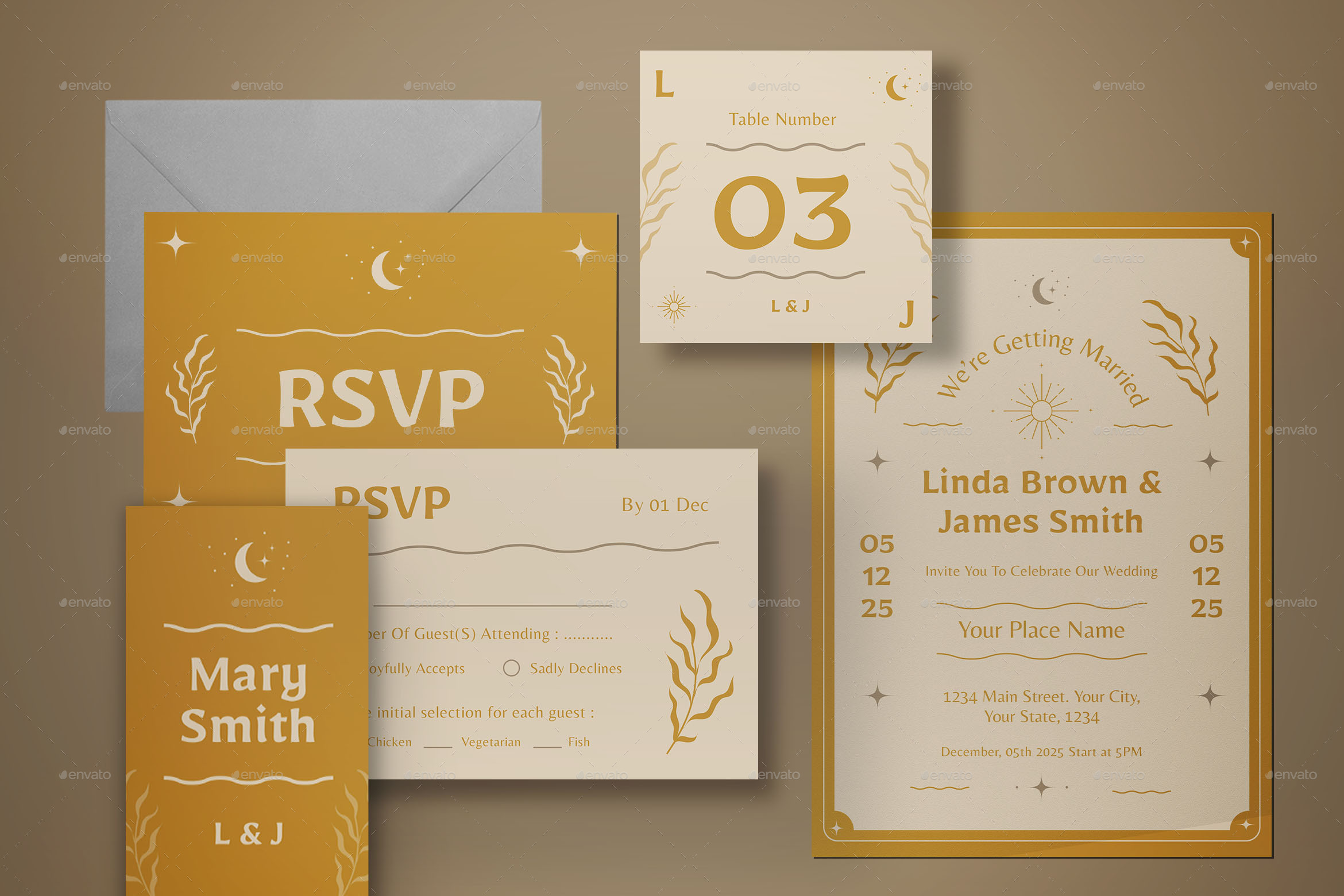 Boho Theme Wedding Invitation Set, Print Templates | GraphicRiver