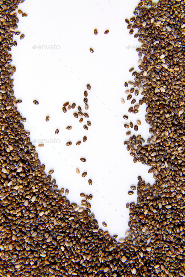 Flat lay macro natural dried Chia seeds, top view, close up texture ...