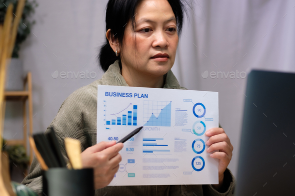 asian woman presentation business diagram video conference meeting ...