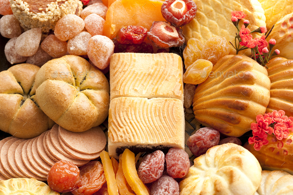 Various Chinese traditional dim sum and preserved fruits Stock Photo by ...