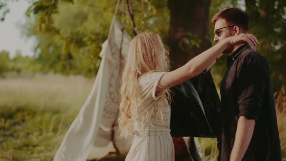 Engaged Attractive Couple Hug Against Camp, Stock Footage | VideoHive