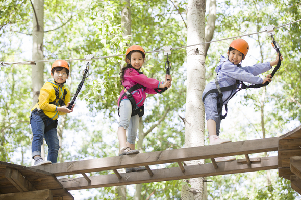 Happy children playing in tree top adventure park Stock Photo by ...