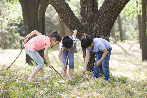 Happy children playing in woods Stock Photo by bluejeanimages | PhotoDune