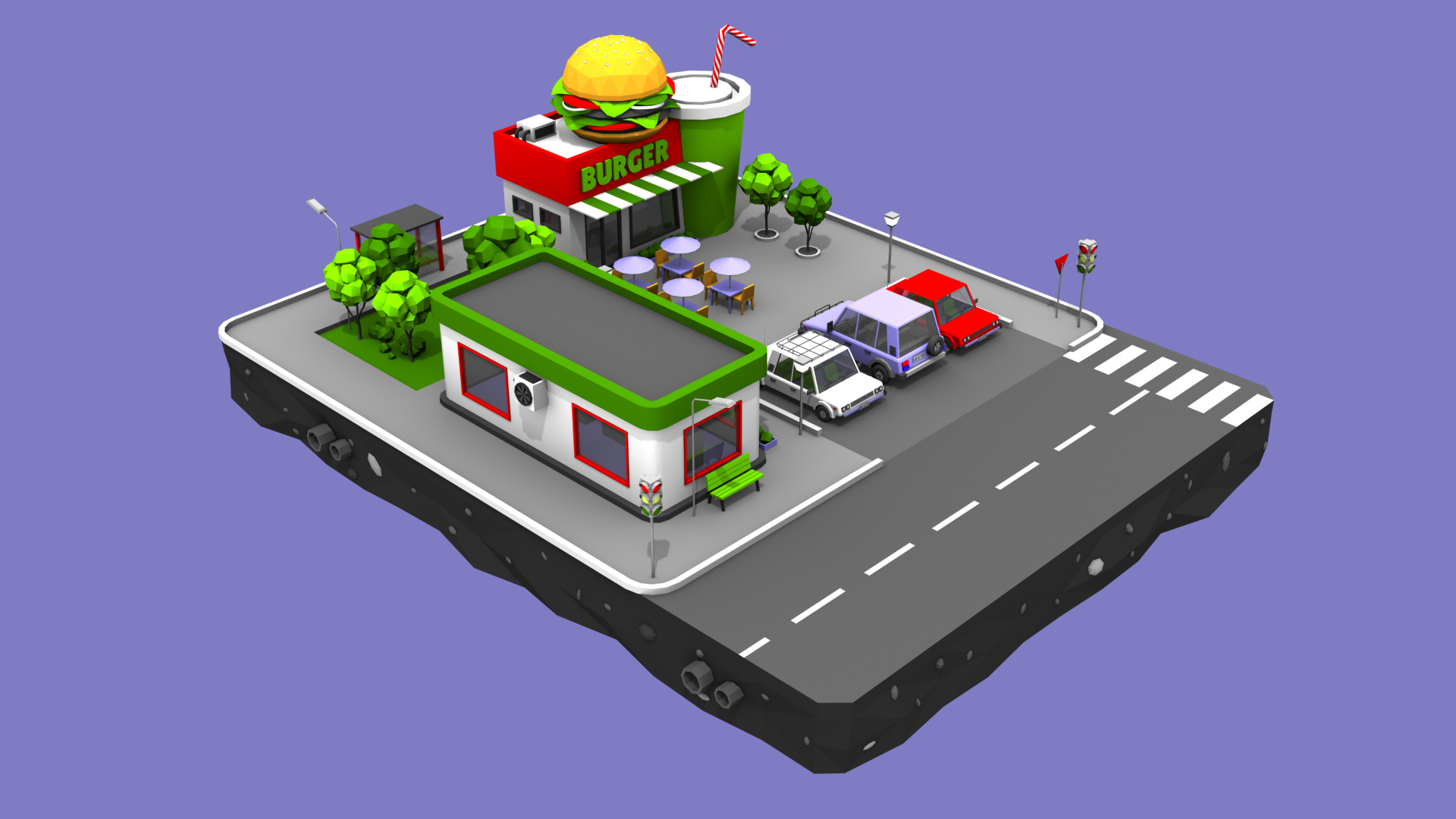 Burger Restaurant Block from Cartoon Low Poly City by LowPolyLand | 3DOcean