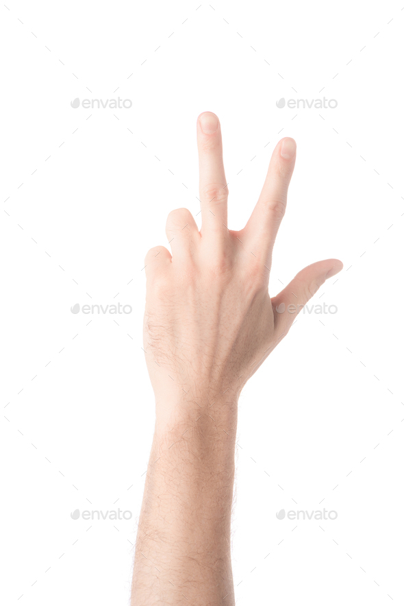 partial view of man showing number 3 in sign language isolated on white ...