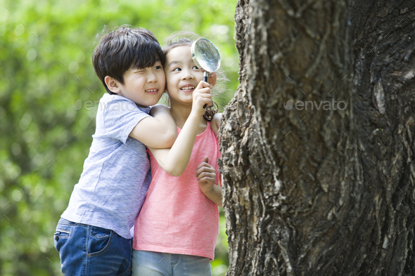 Happy children playing in woods Stock Photo by bluejeanimages | PhotoDune