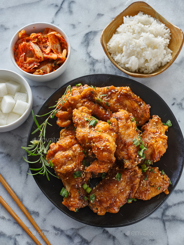 crispy fried korean chicken wings in galbi sauce with pickled radish ...