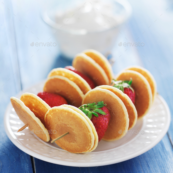 pancake and strawberry skewer kabobs with yogurt dip Stock Photo by ...