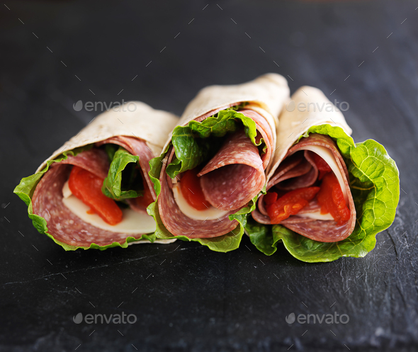 italian wraps with hard salami, lettuce, provolone cheese and roasted ...