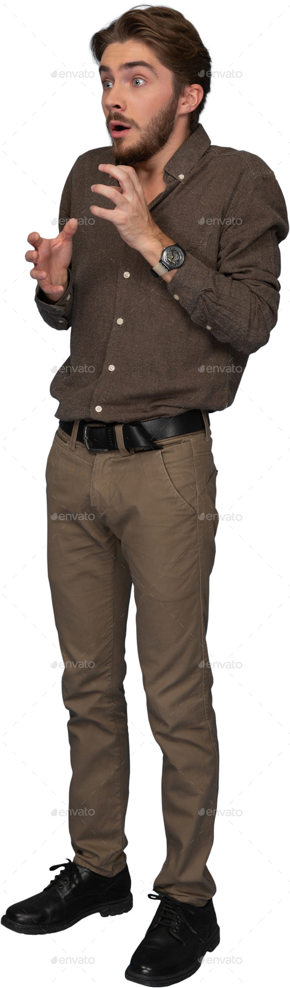 a man is standing with his hand on his chest Stock Photo by Icons8