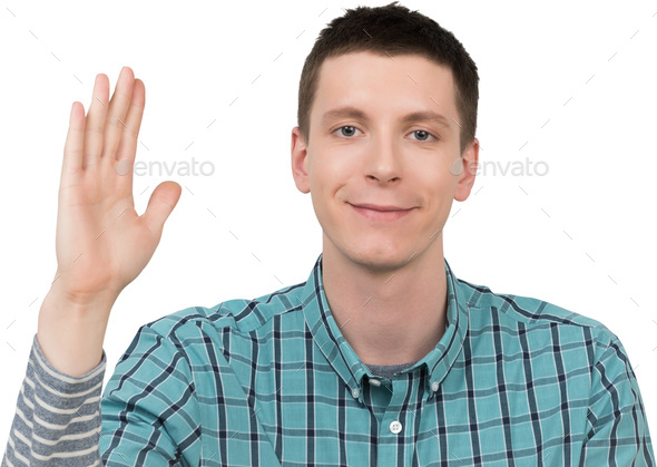 a young man holding up his hand with his hand up in the air Stock Photo ...