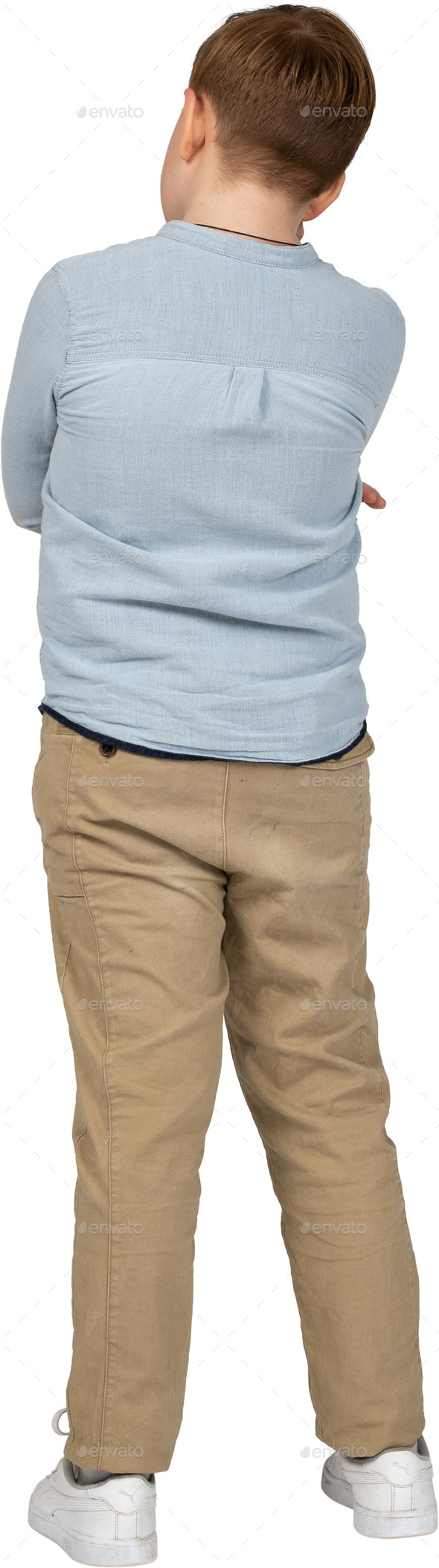 the back of a woman wearing khaki pants and a blue shirt Stock Photo by ...