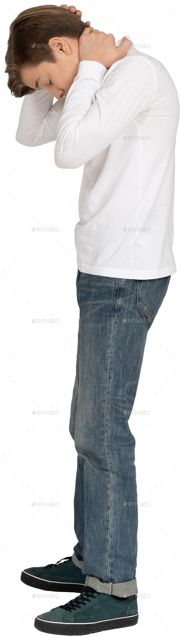 a man in a white shirt and jeans with his head down Stock Photo by Icons8