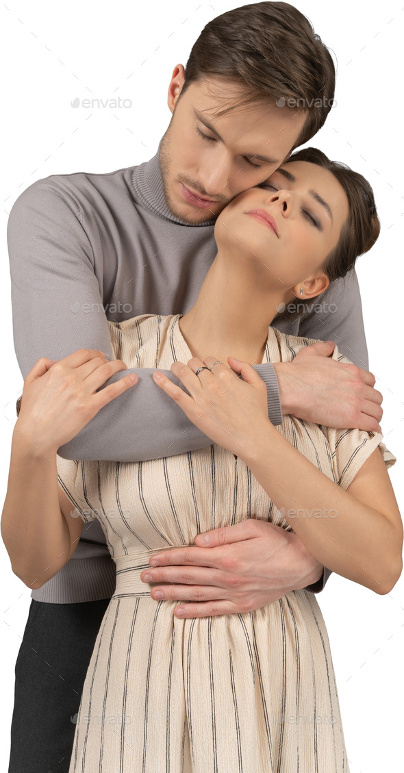 a man hugging a woman with her head on his shoulders Stock Photo by Icons8