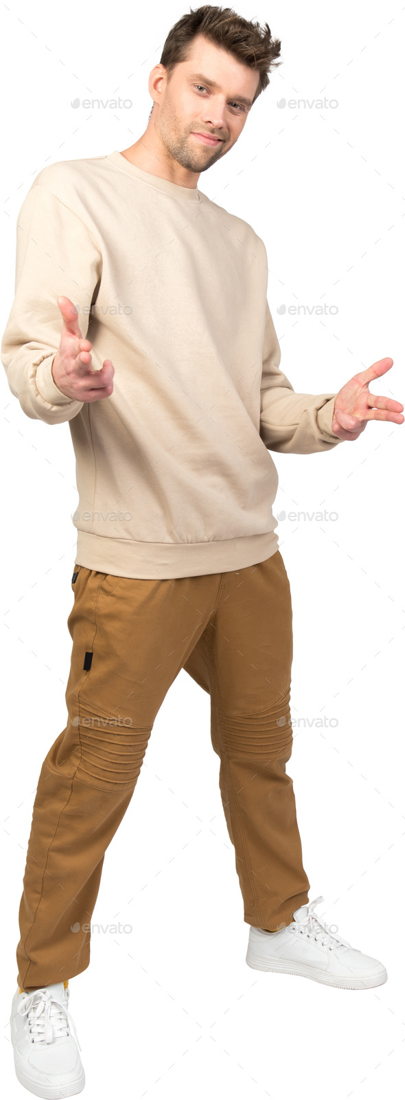 a man standing with his arms out and hands out in the air Stock Photo ...