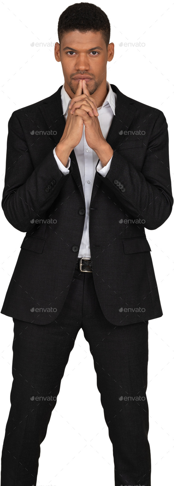 a man in a suit and tie praying with his hands together Stock Photo by Icons8