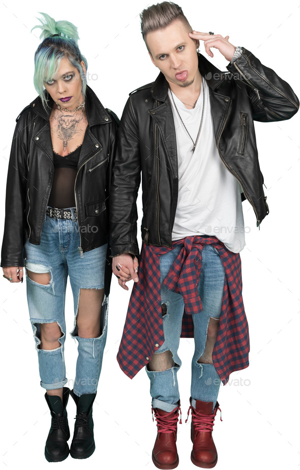 two people standing next to each other wearing leather jackets and ...