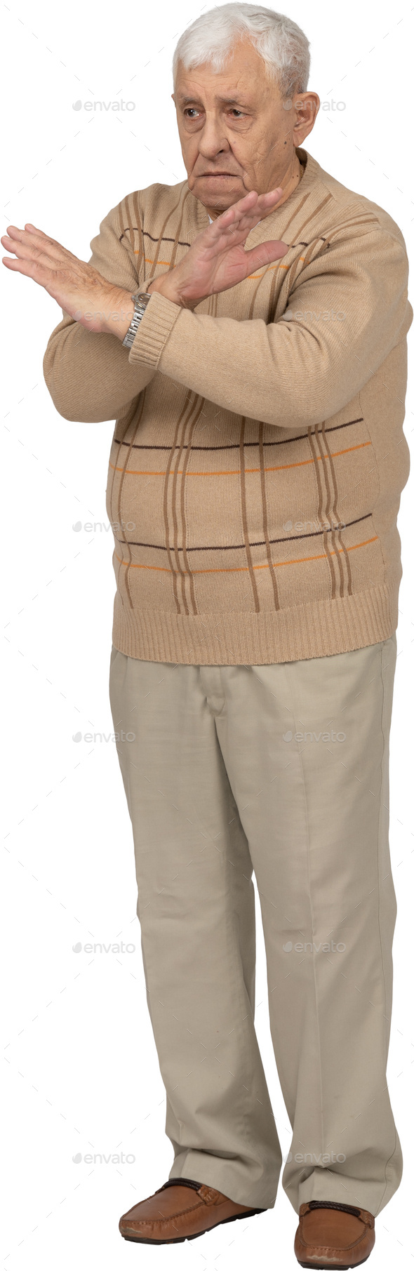 an old man is standing with his arms crossed Stock Photo by Icons8