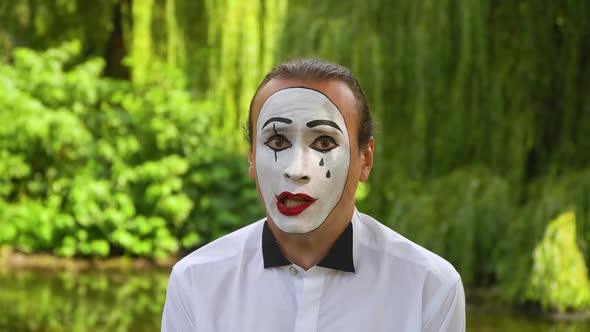 Mime on the Park Shows Pantomime, Emotion of Fear, Stock Footage ...