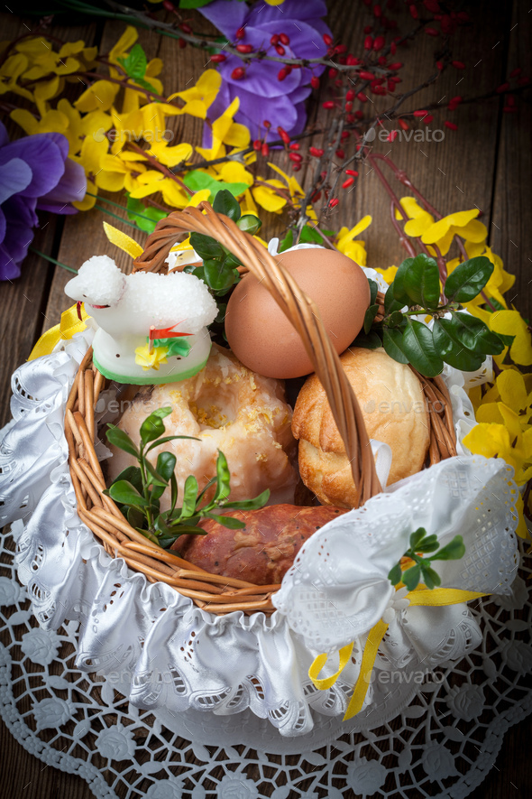 Traditional Easter basket with food. Stock Photo by foto_pstryki ...