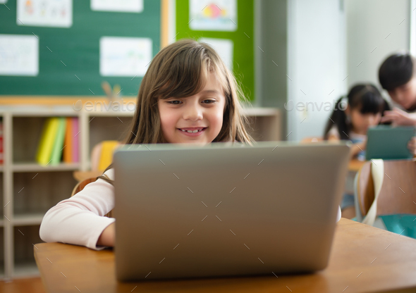Portrait of little girl smiling and using laptop in computer class at ...