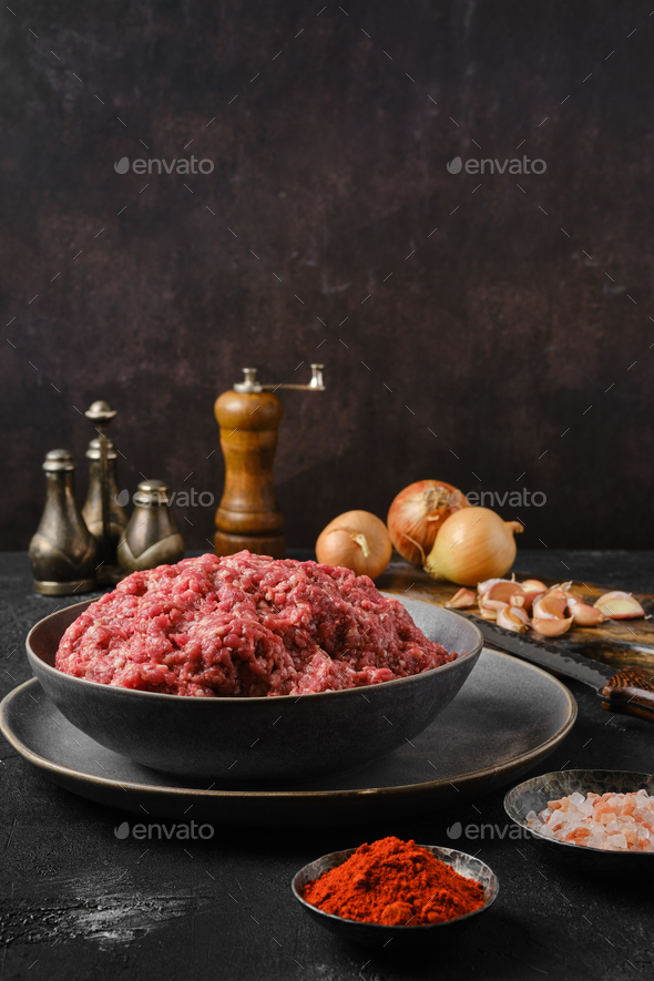 Raw beef forcemeat in a bowl Stock Photo by boomeart | PhotoDune